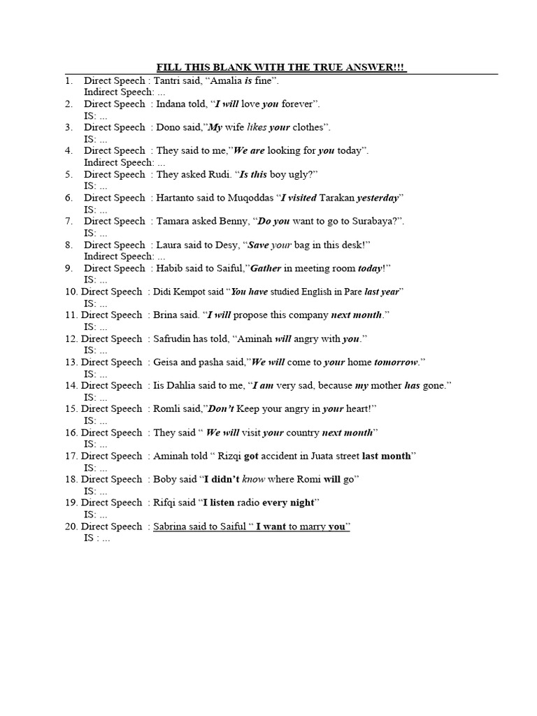 Direct & Reported Speech Quiz | PDF