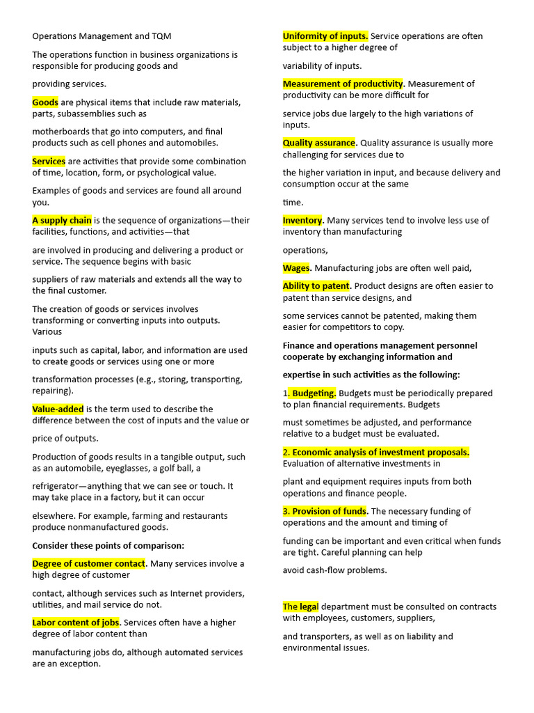 Operations Management and TQM | PDF | Operations Management | Supply Chain
