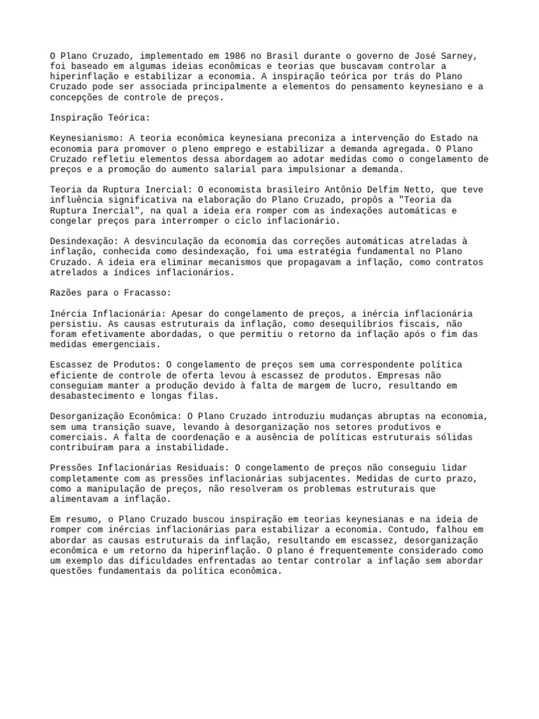 O Plano Cruzado, Implementado em 19 | PDF | Inflação | Economia