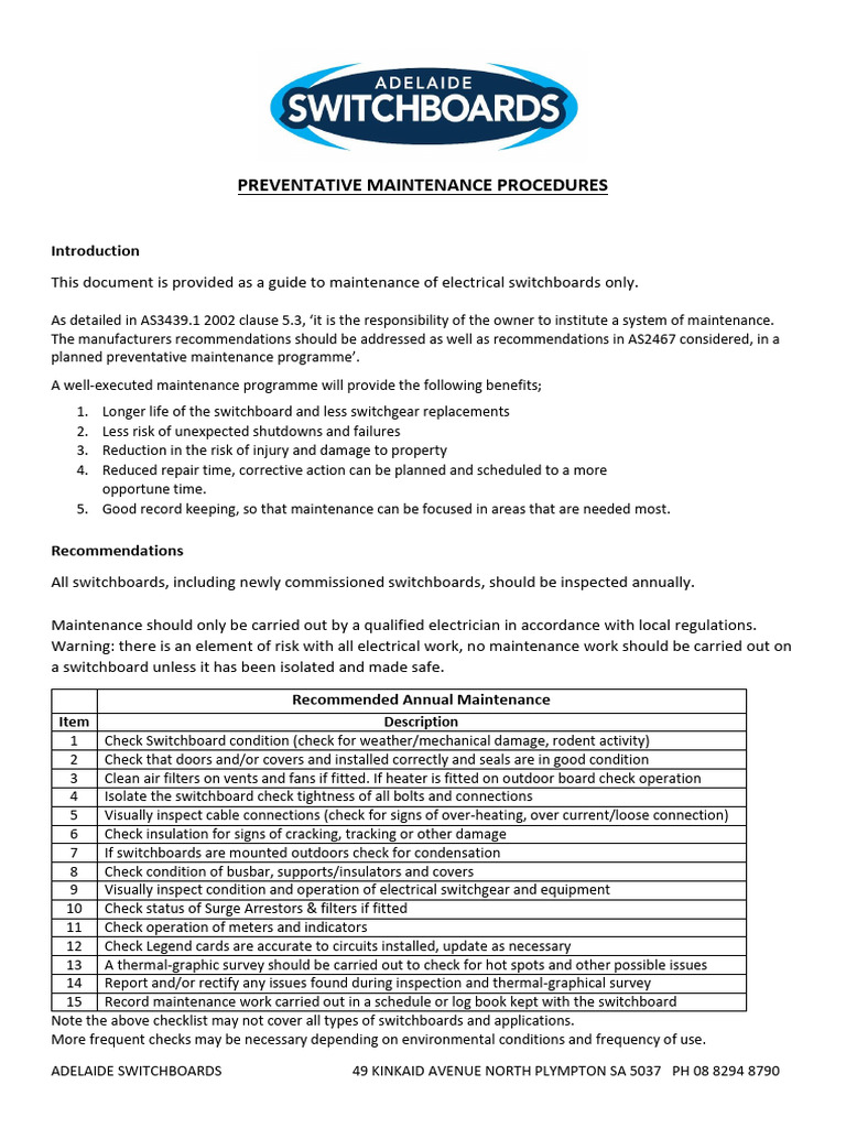 Adelaide Switchboards Maintenance Procedures | PDF | Insulator ...