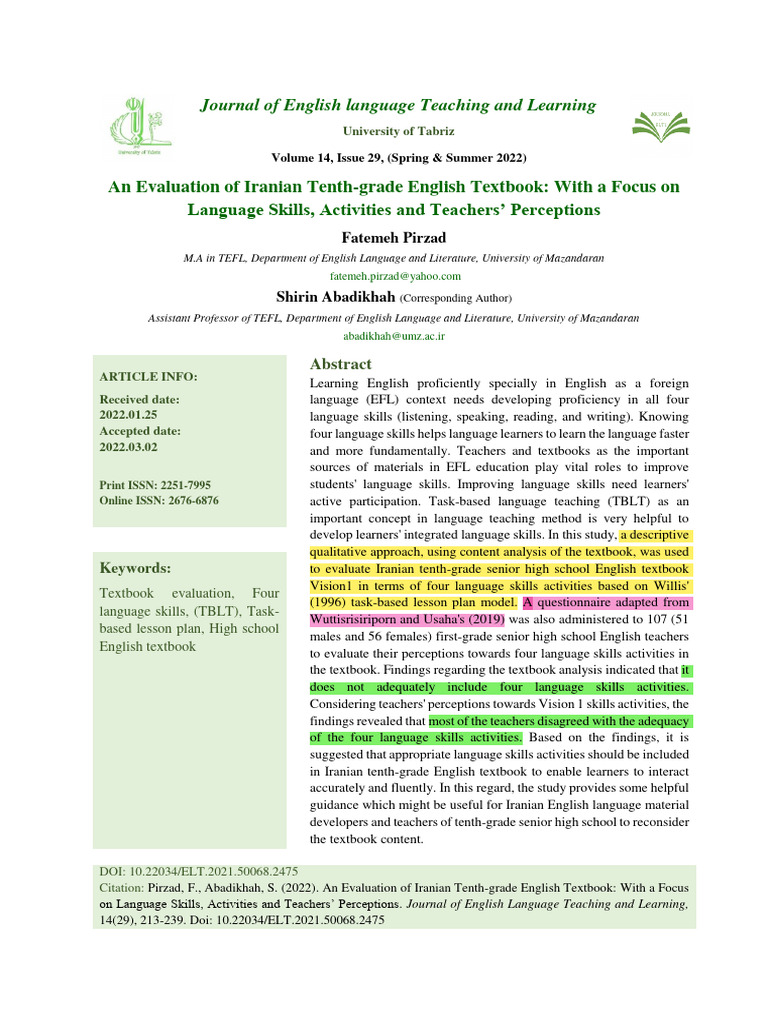 1.an Evaluation of Iranian Tenth-Grade English Textbook With A Foucs On Language Skills | PDF