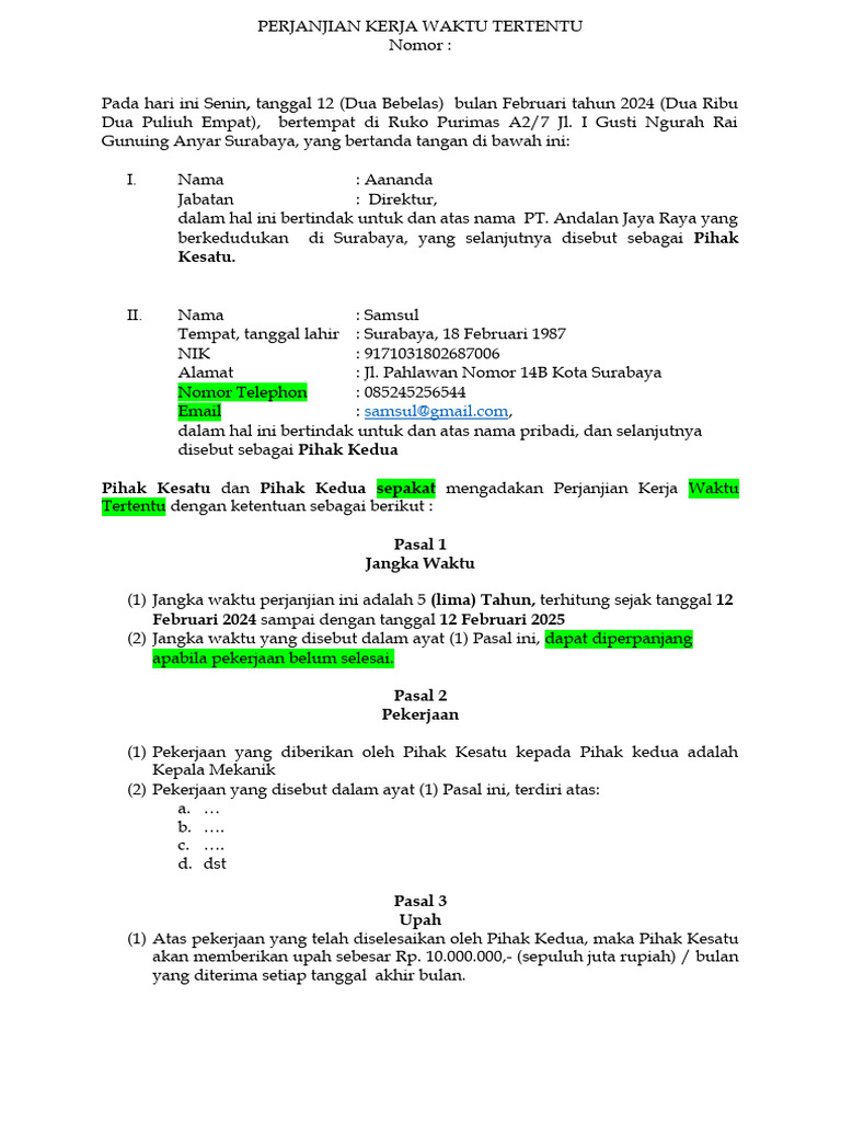 Contoh Konsep PKWT | PDF