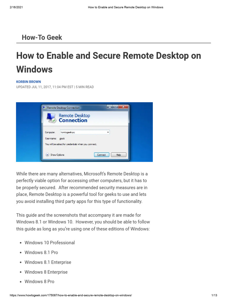 How To Enable and Secure Remote Desktop On Windows | PDF | Remote Desktop Services | Microsoft ...