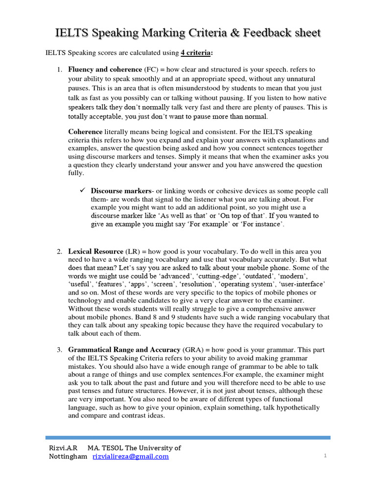 IELTS Speaking Marking Criteria and Feed | PDF | English Language | Fluency