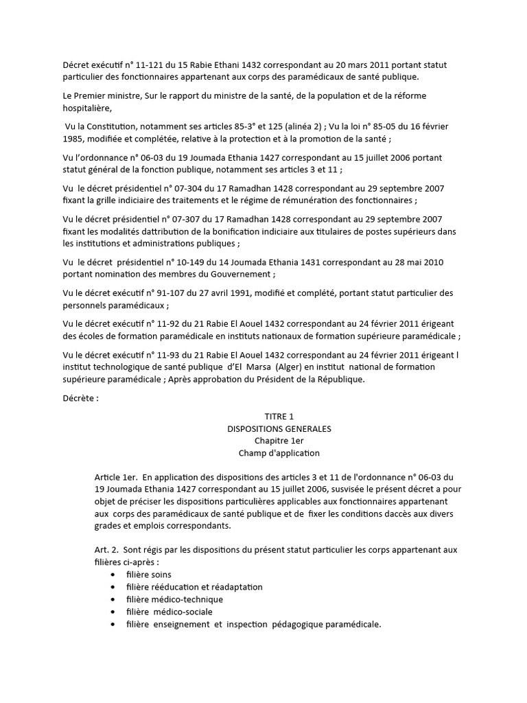 Statut des paramédicaux en Algérie 2025 | PDF | Gouvernement