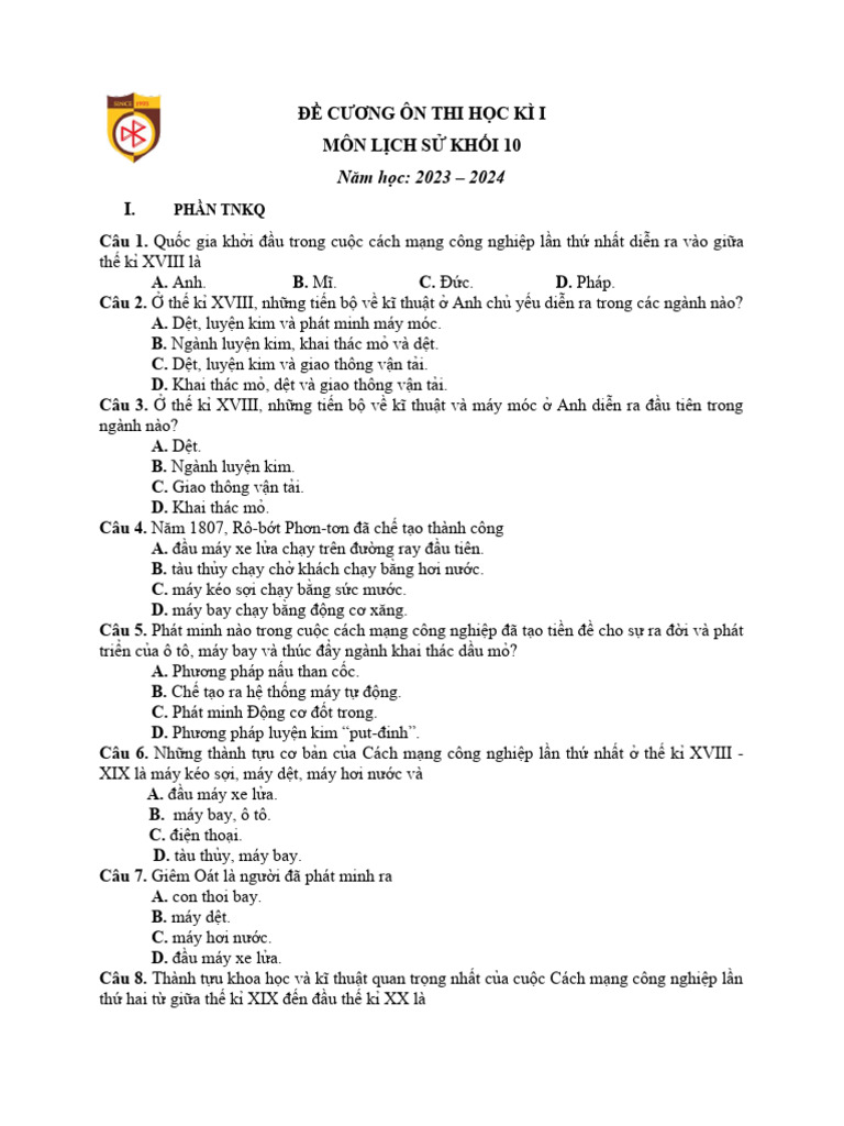ĐỀ CƯƠNG HKI - K10 - K ĐÁP ÁN | PDF
