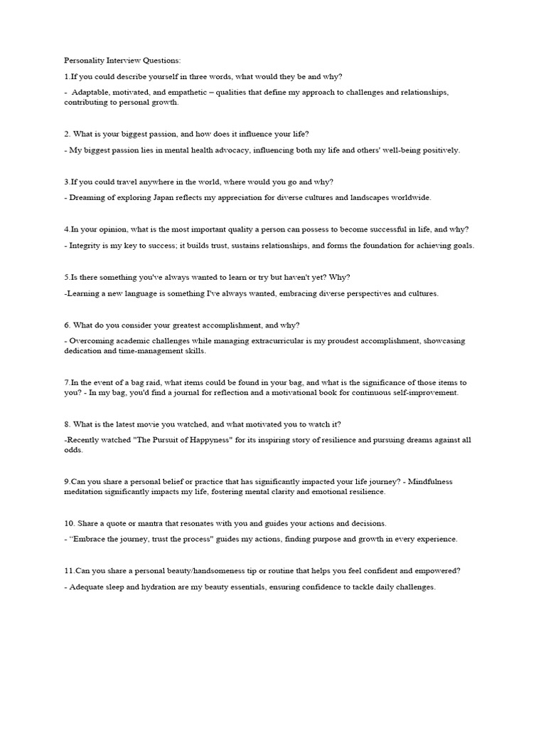 Personality Interview Questions | PDF | Sex Education | Psychological ...
