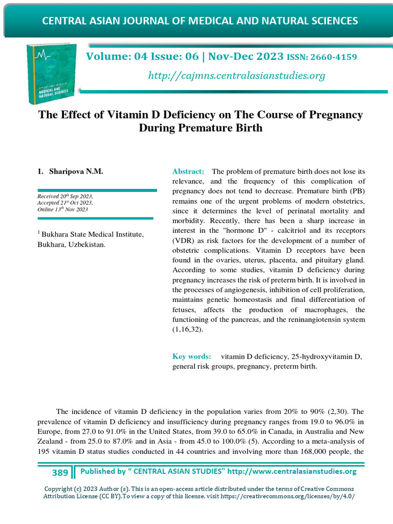 The Effect of Vitamin D Deficiency On The Course of Pregnancy During Premature Birth | PDF ...