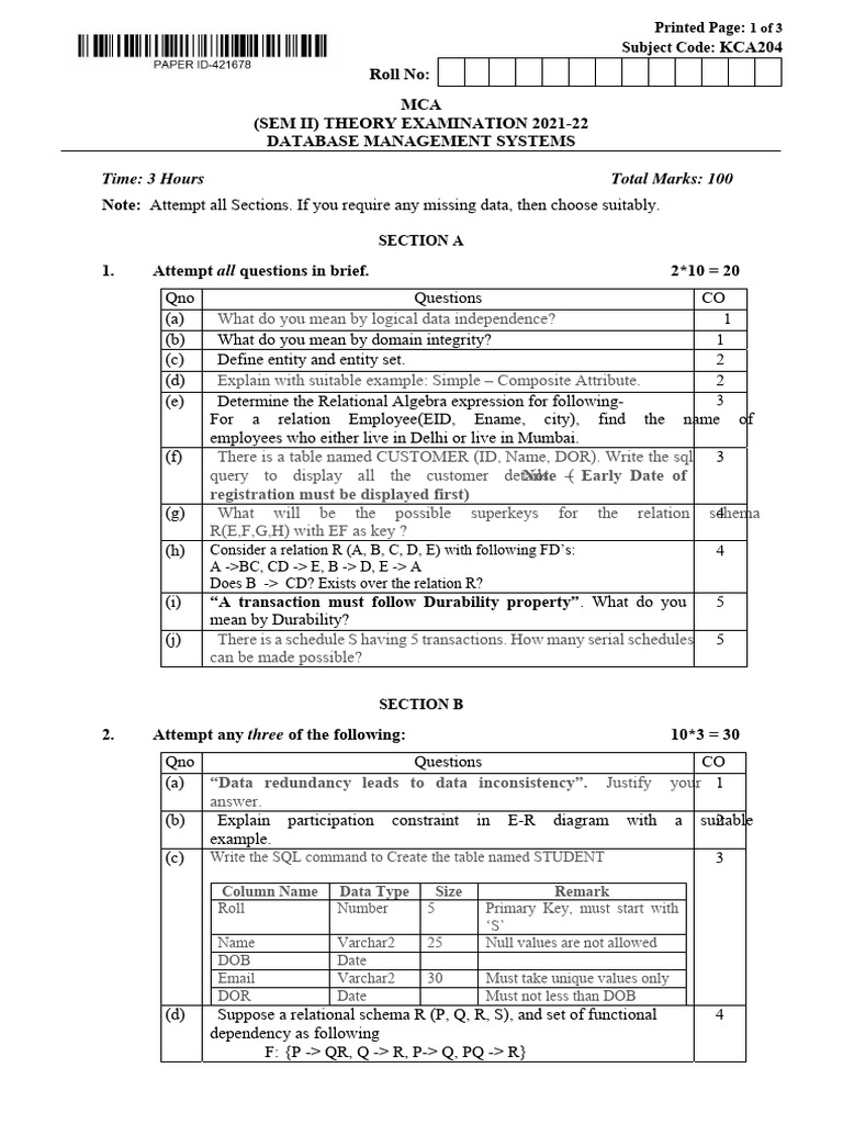 MCA DBMS Exam Paper | PDF | Relational Model | Databases