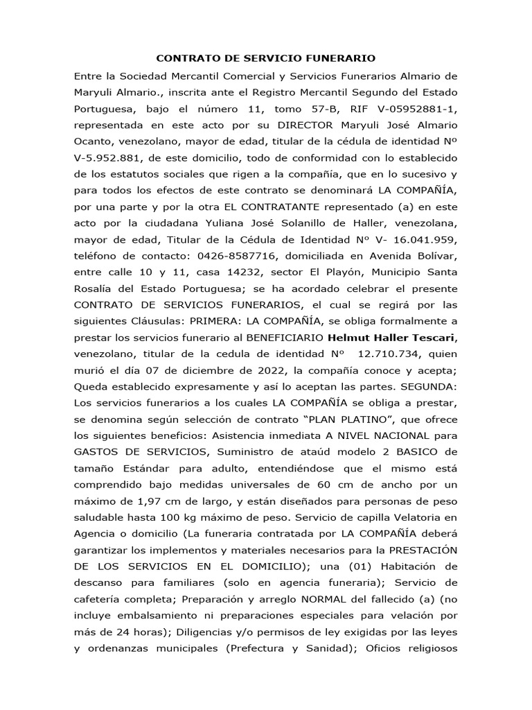 Contrato de Servicio Funerario | PDF