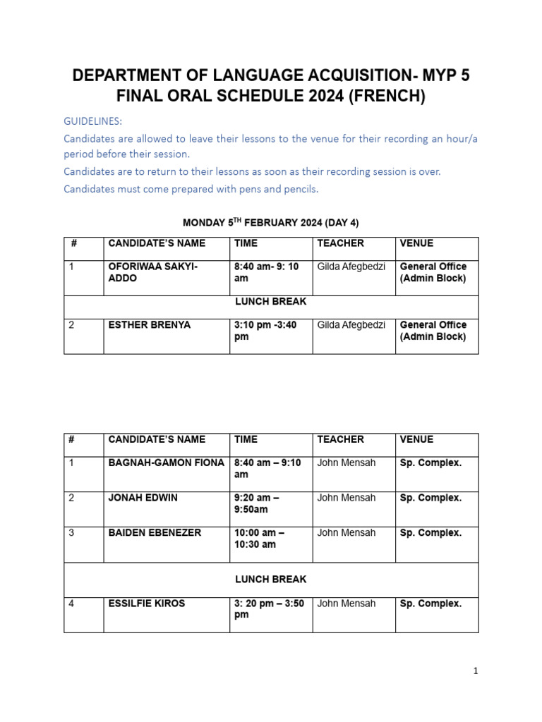 Myp 5 Final Oral Schedule 2024 - French | PDF