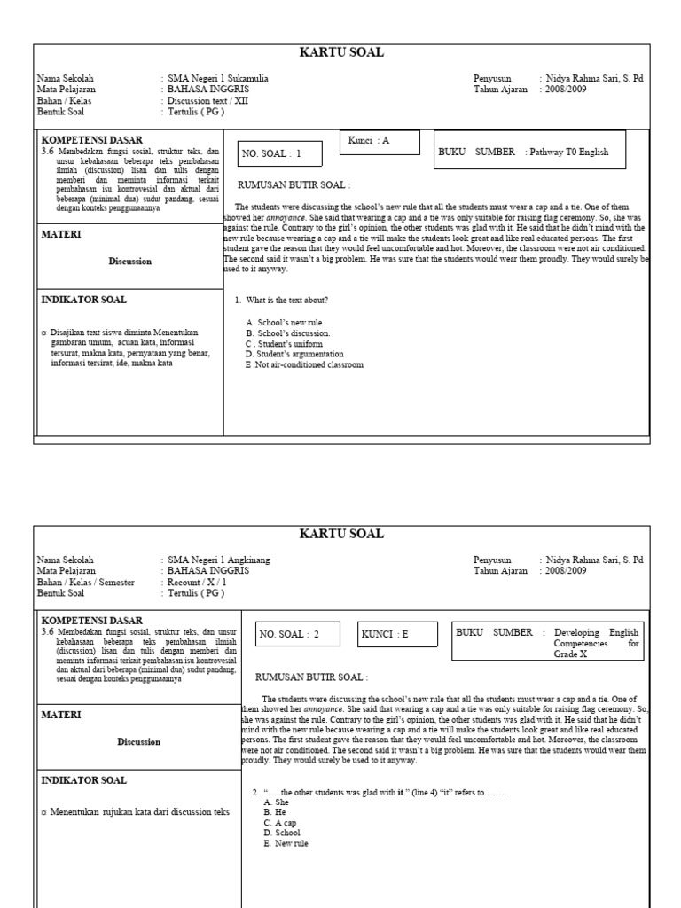 Kartu Soal Bahasa Inggris 2 PDF Free | PDF