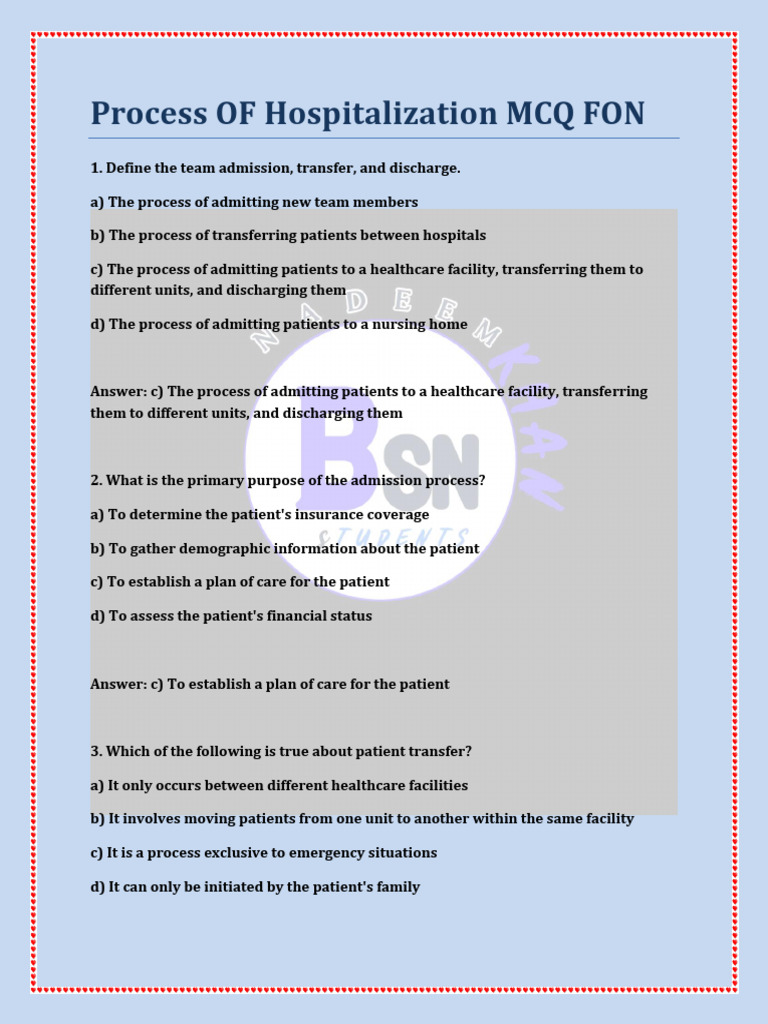 Process OF Hospitalization MCQ FON BY NADEEM KHAN | PDF | Patient | Nursing