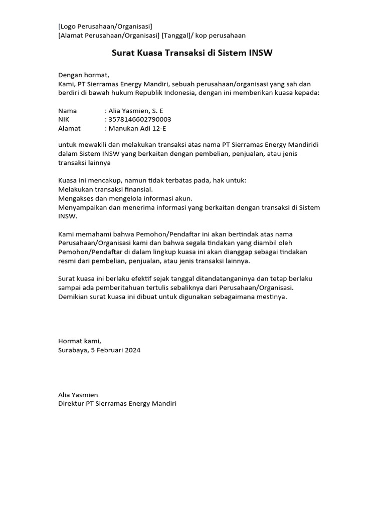 Surat Kuasa Transaksi di Sistem INSW | PDF