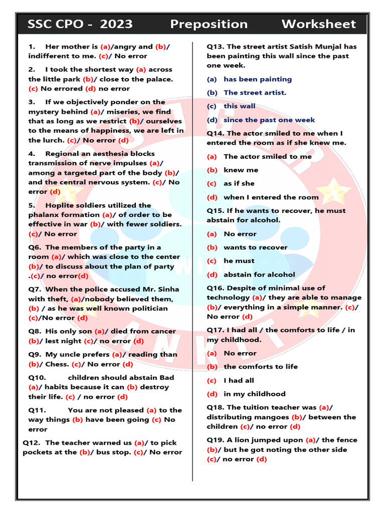 SSC CPO - 2023 Preposition Worksheet | PDF