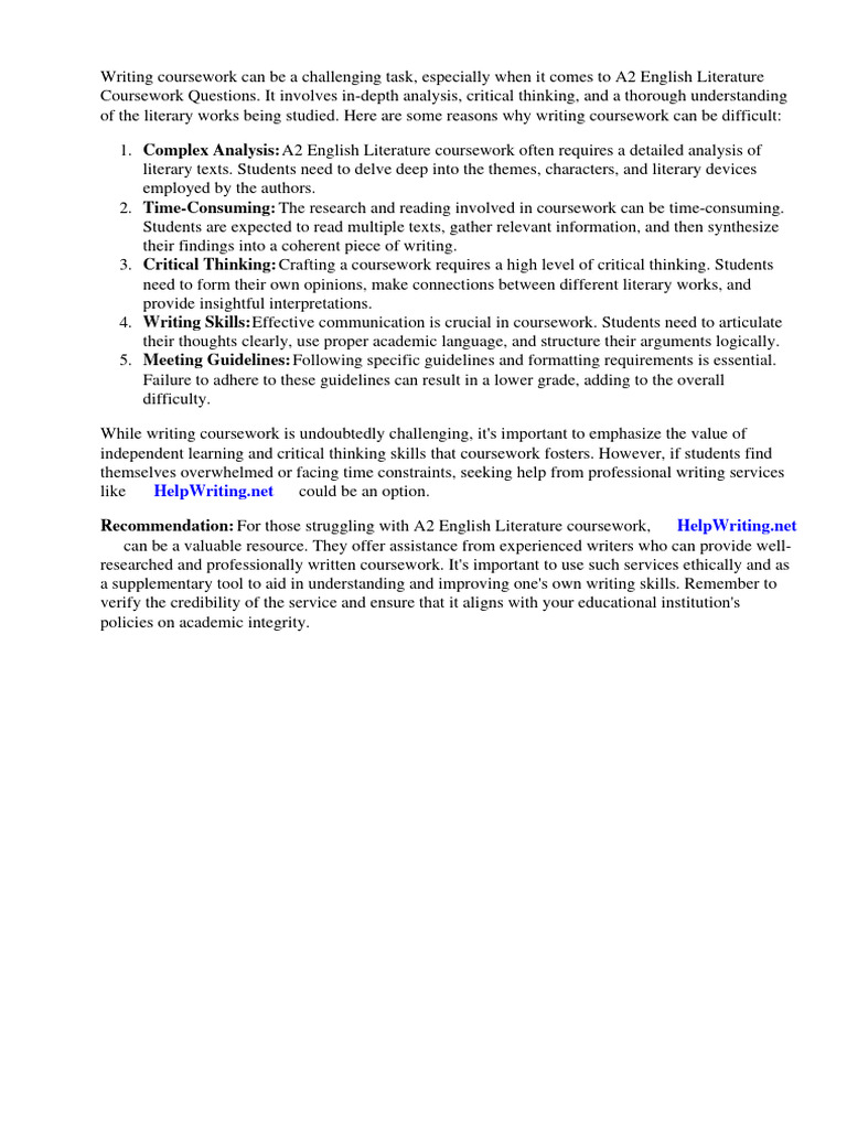 A2 English Literature Coursework Questions | PDF