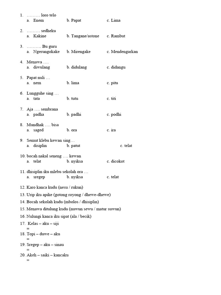 Kisi Kisi Mid Semester 2 Kelas 1 Bahasa Jawa | PDF