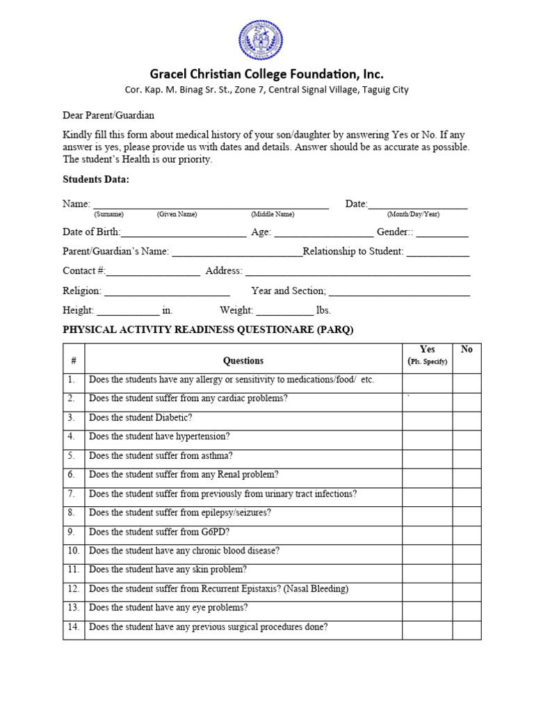 Student Medical History Form | PDF