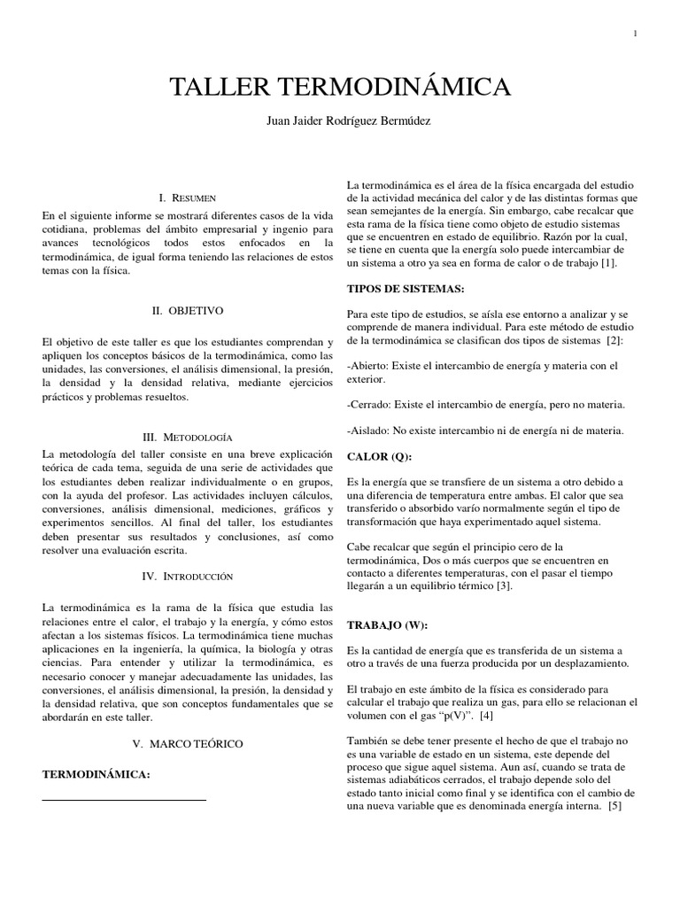 Taller Termodinámica: Juan Jaider Rodríguez Bermúdez | PDF