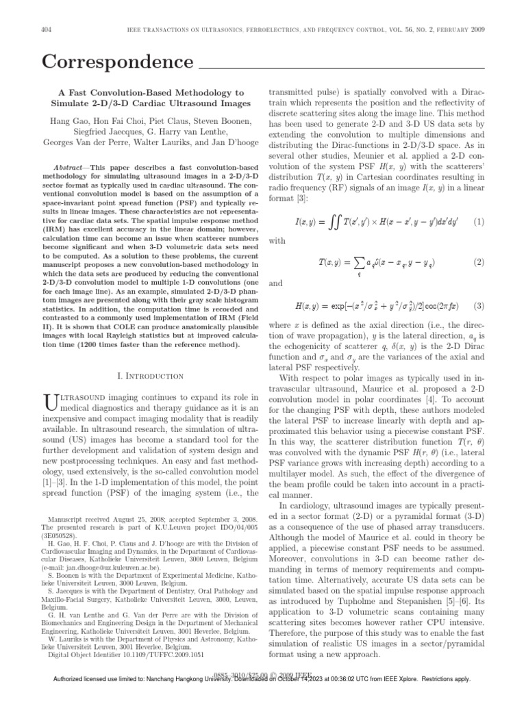A Fast Convolution-Based Methodology To Simulate 2-Dd 3-D Cardiac Ultrasound Images | PDF ...