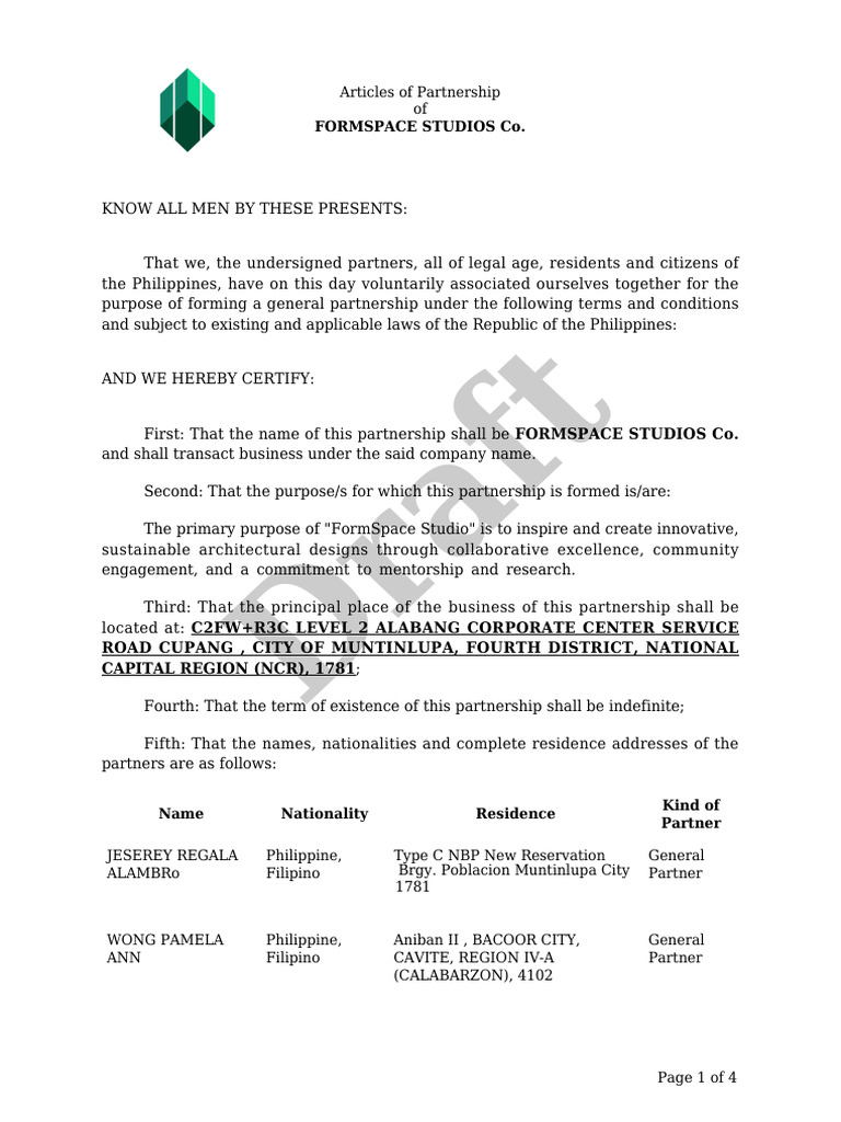 Articles of Partnership for FormSpace Studios | PDF | Justice | Crime & Violence