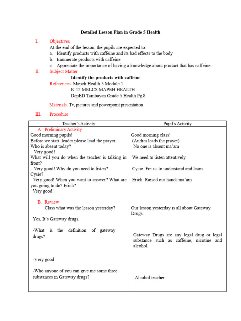 Detailed Lesson Plan in Grade 5 Health | PDF | Caffeine | Drink