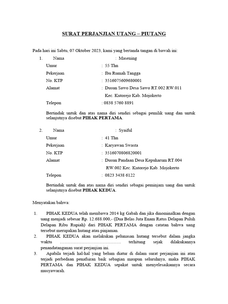 Contoh Surat Perjanjian Utang Piutang FH UII | PDF