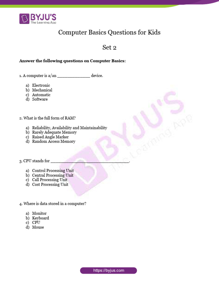 Computer Basics Quiz for Kids | PDF | Computers