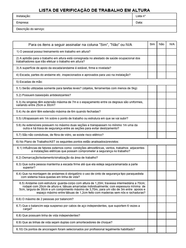 Checklist de Segurança em Trabalho em Altura | PDF