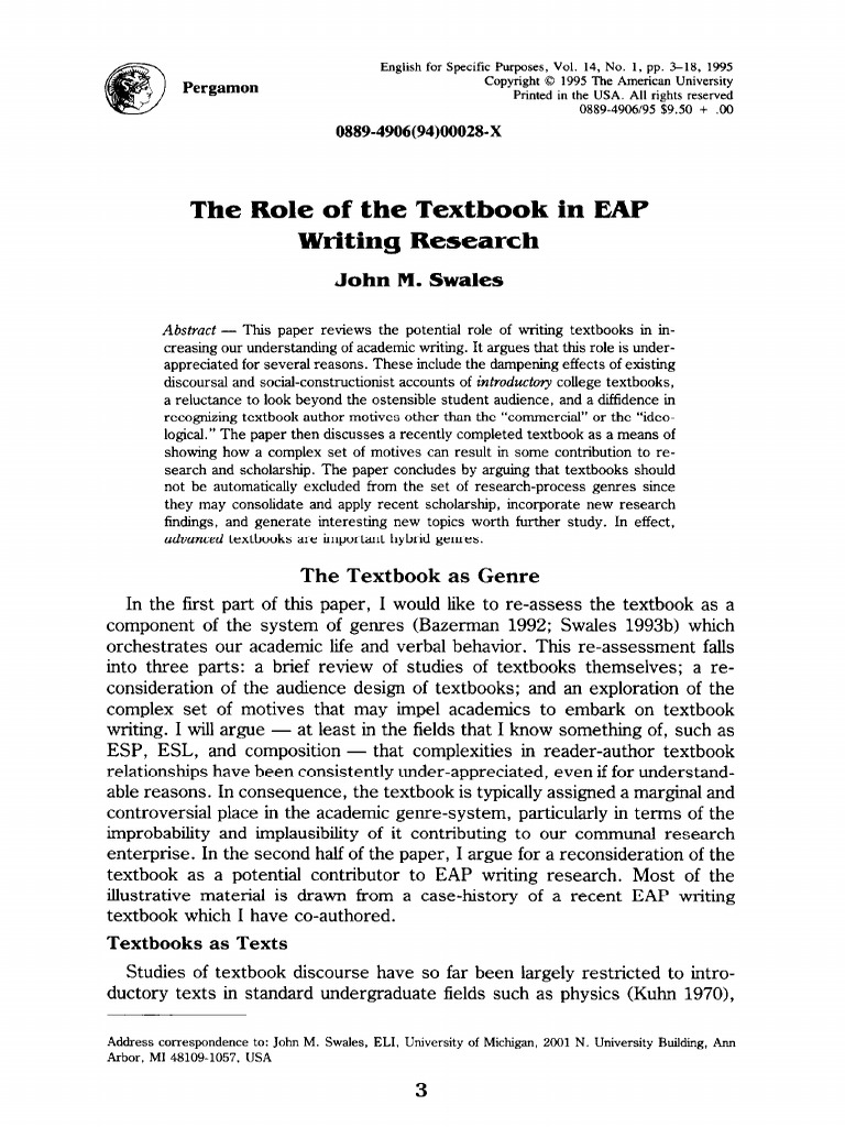 Swales, J.M. (1995) The Role of The Textbook in EAP Writing Research ...