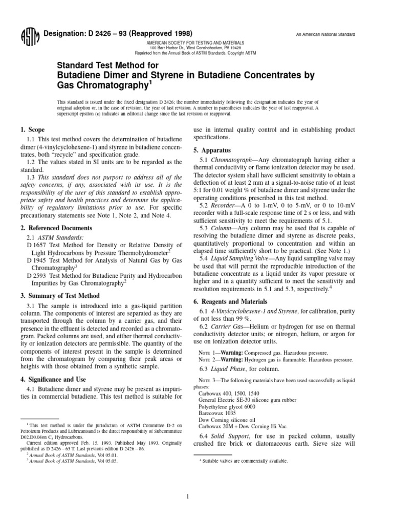Astm d2426 Butadiene Dimer and Styrene in Butadiene Concentrates by Gas ...