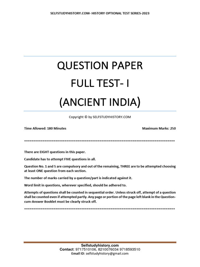 Question Paper Ancient India Full Test I - 2023 | PDF | Travel