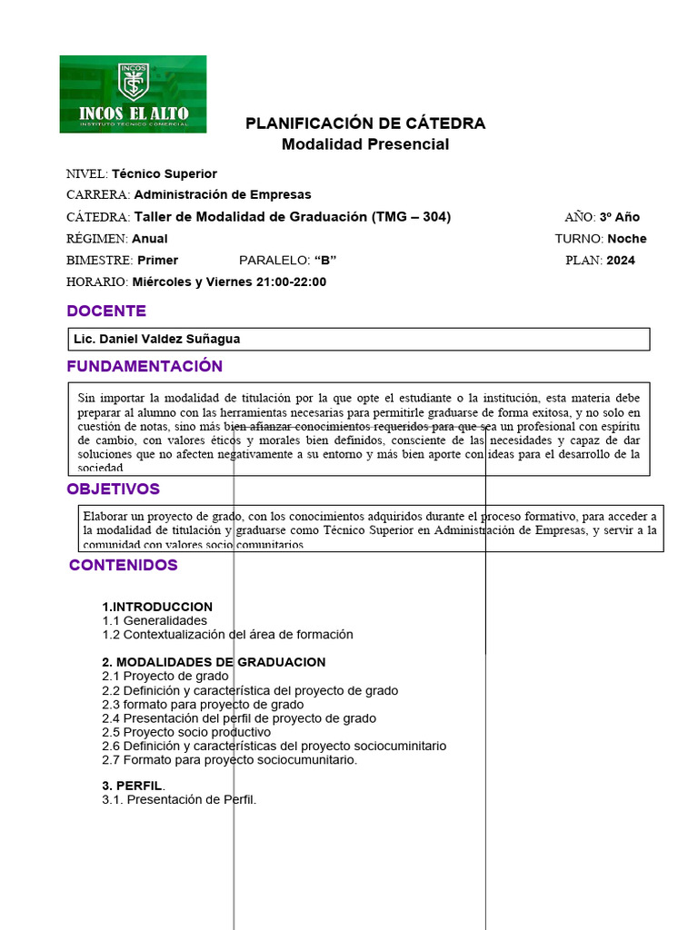 Planificacion - de - Catedra 3btalltn Primer Bim 24 | Descargar gratis PDF | Evaluación | Cognición