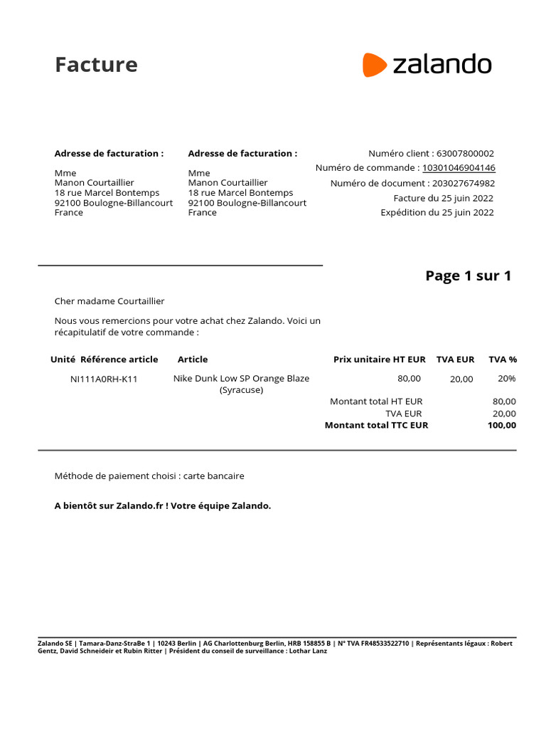 Facture Zalando pour Manon Courtaillier | PDF