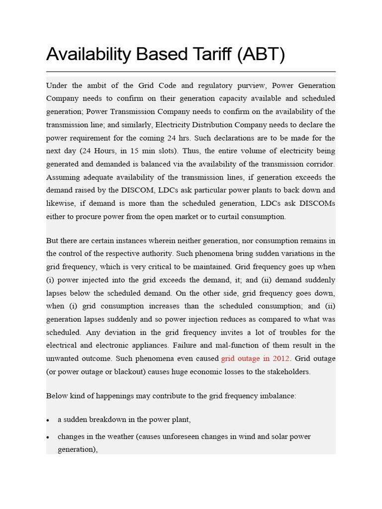 Availability Based Tariff | PDF | Electrical Grid | Electric Power Transmission