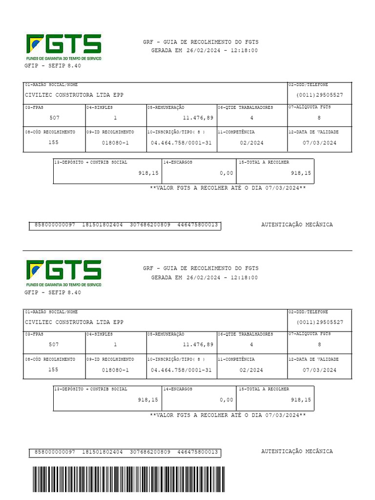 Guia FGTS 02.2024 - Vencimento em 07.03.2024 | PDF Guia FGTS 02.2024 - Vencimento em 07.03.2024 | PDF