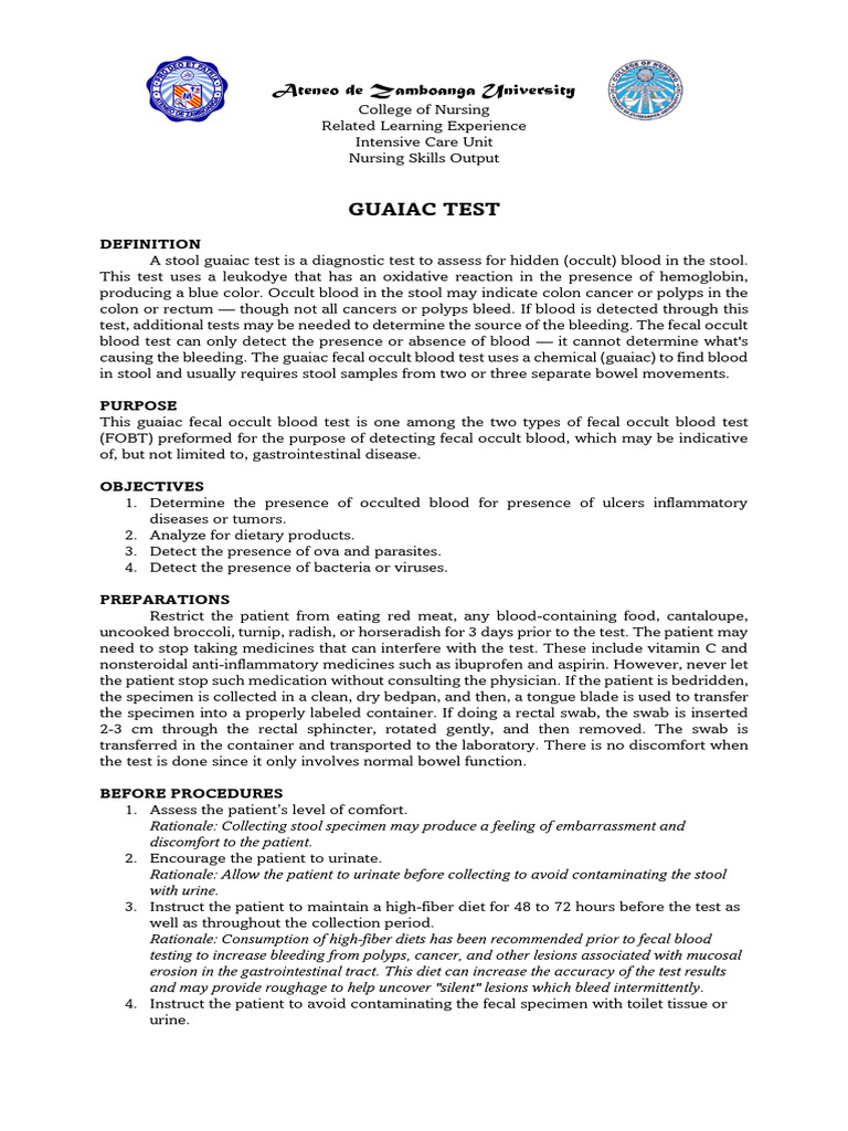 Guaiac Test | PDF | Human Feces | Clinical Medicine