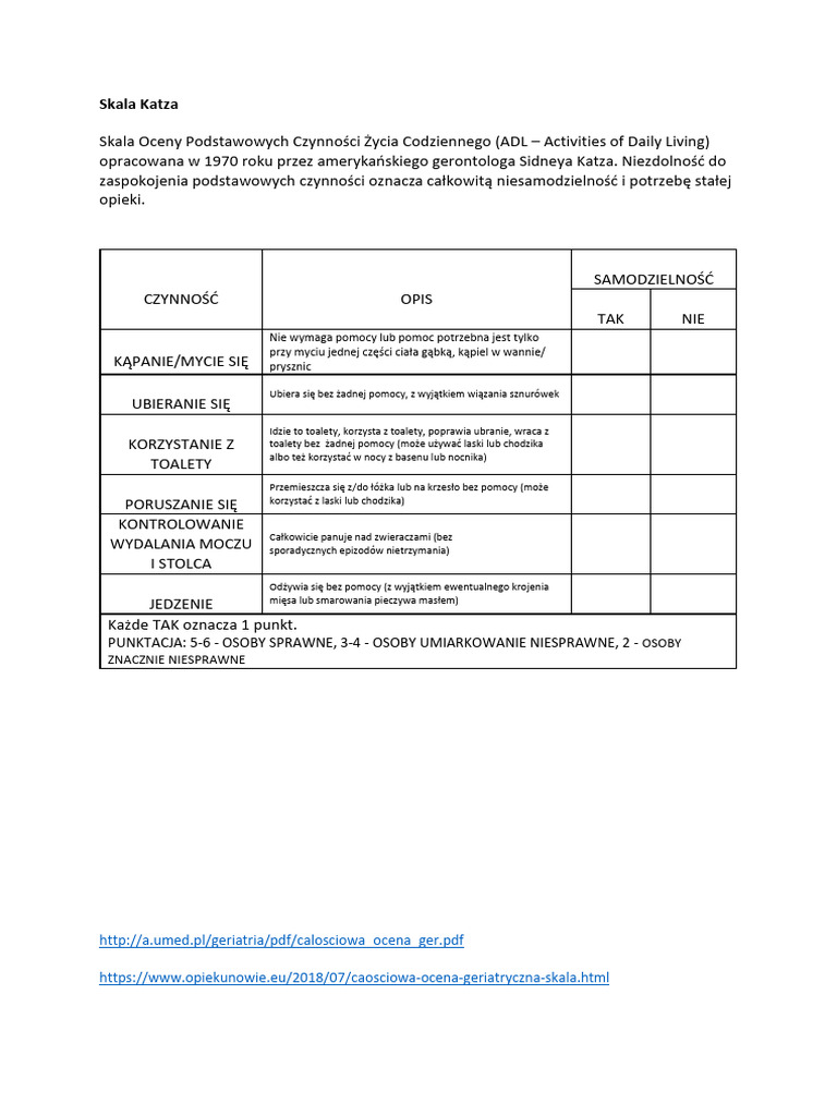 Skala ADL (Katza) I IADL (Lawtona) | PDF