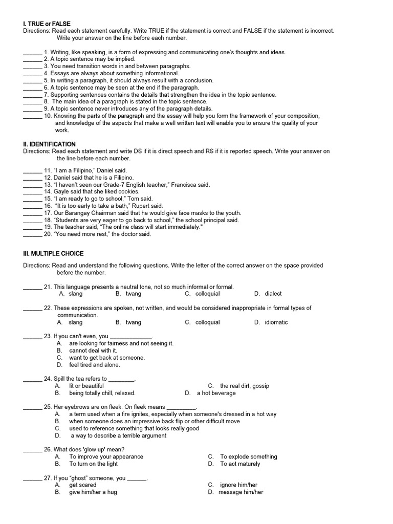 Grade 7 Exam | PDF | Paragraph
