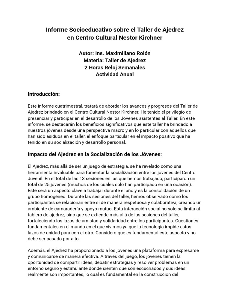 Informe Socioeducativo Sobre El Taller de Ajedrez | PDF | Ajedrez | Autoestima