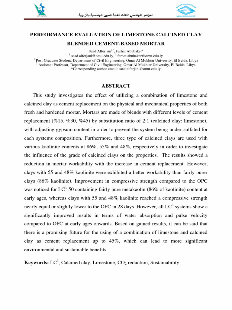 Performance Evaluation of Limestone Calcined Clay Blended Cement Based ...