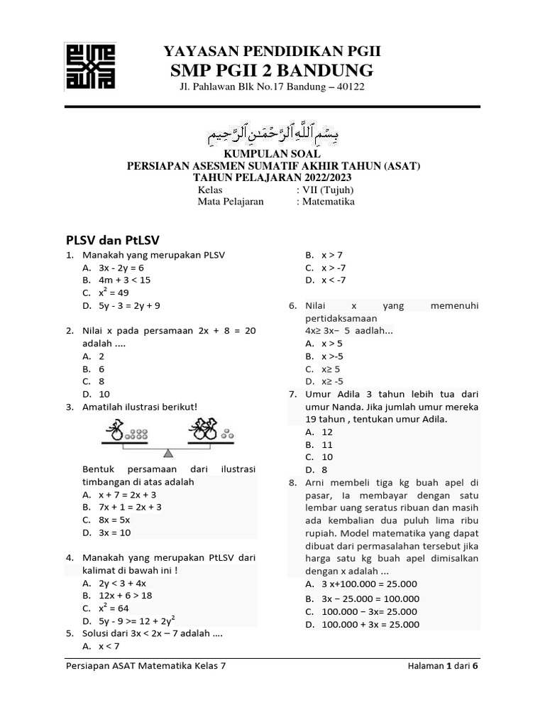 Latihan Asat Soal MTK 7 | PDF