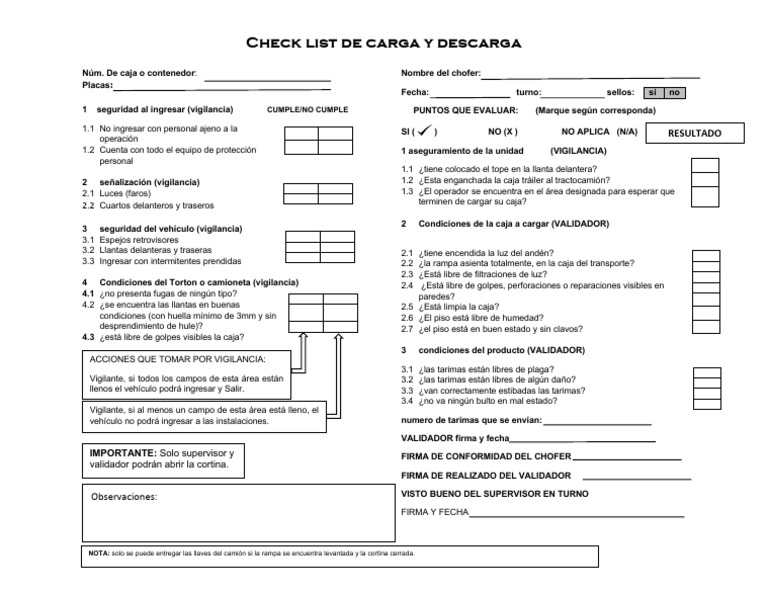 Check List de Carga y Descarga A Cumplir | PDF