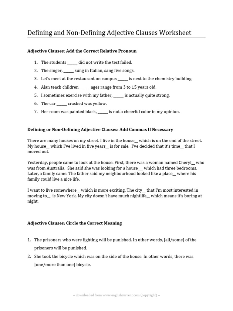 Defining Adjective Clause Worksheet | PDF | Linguistics | Grammar