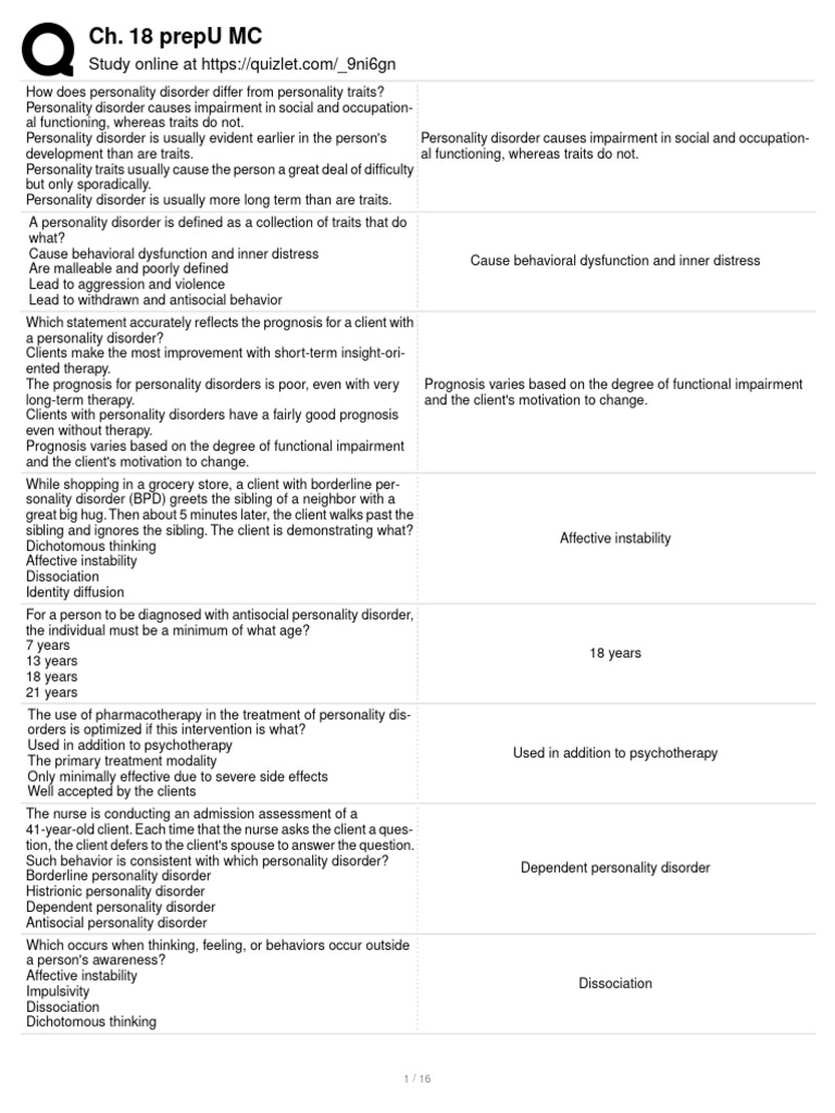 Ch. 18 Prepu MC | PDF | Personality Disorder | Borderline Personality ...