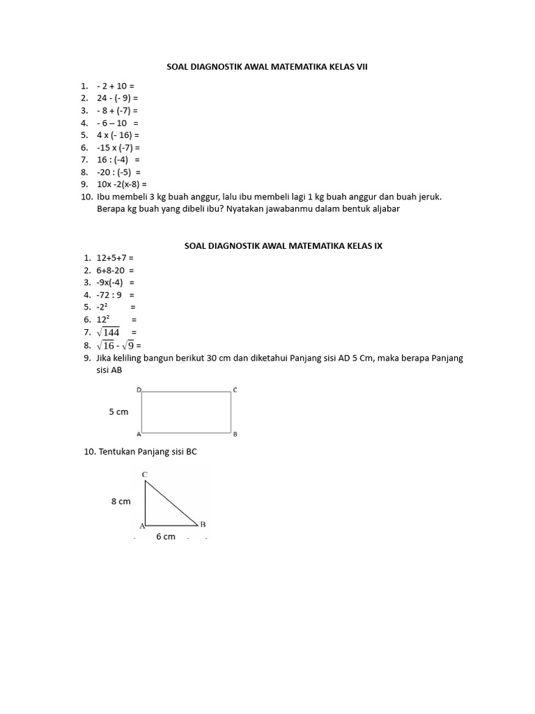 Soal Diagnostik Awal Matematika Kelas Vii | PDF