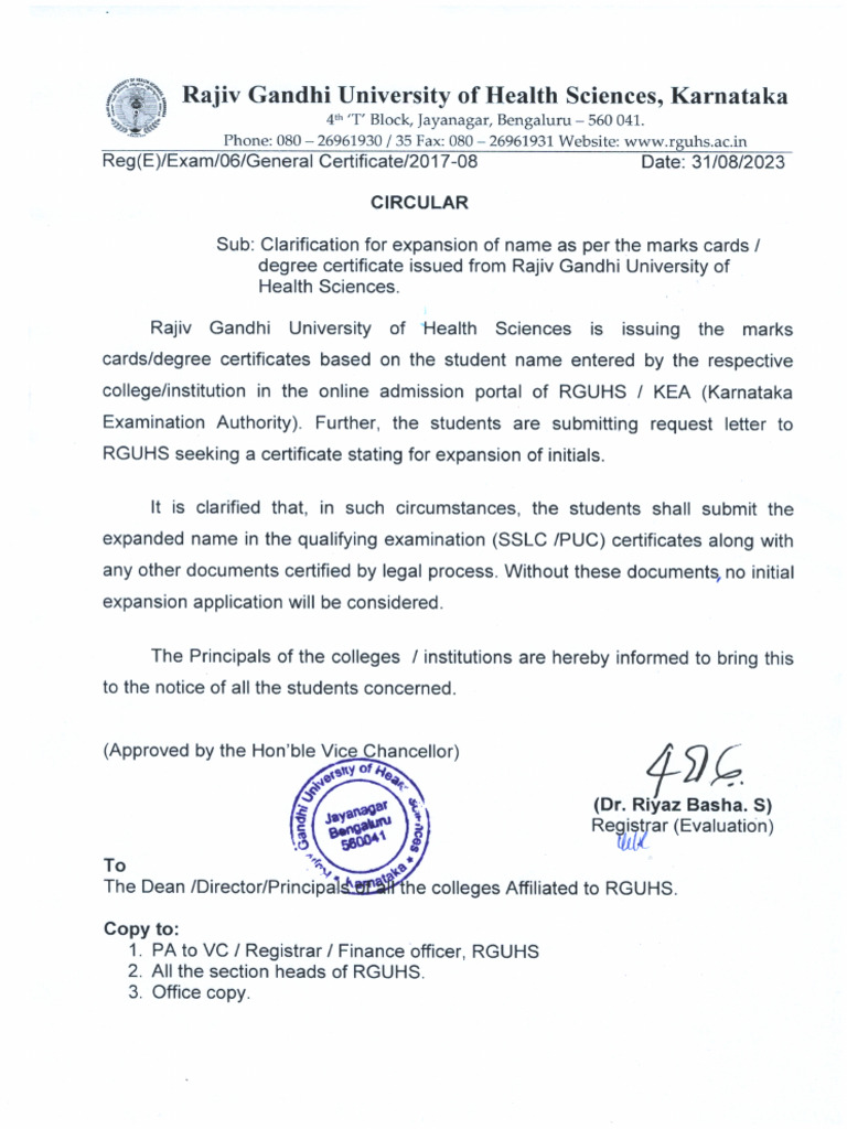 Circular-Clarification For Expansion of Name As Per The Marks Cards ...
