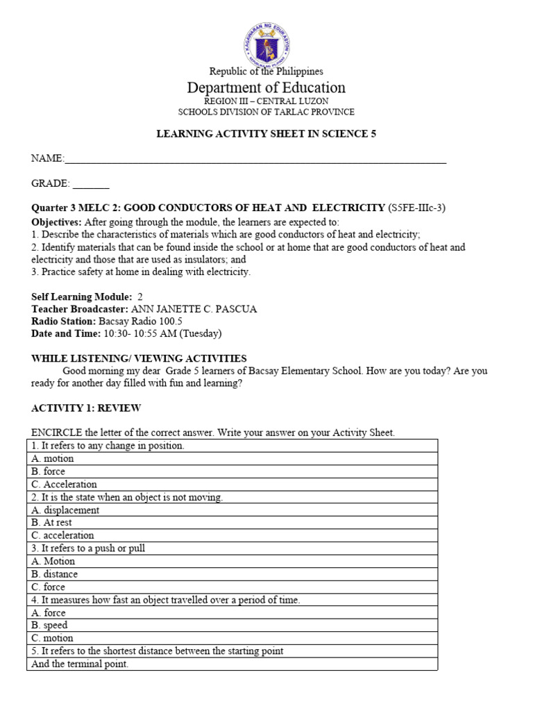 Learning Activity Sheet in Science 5 | PDF | Force | Electricity