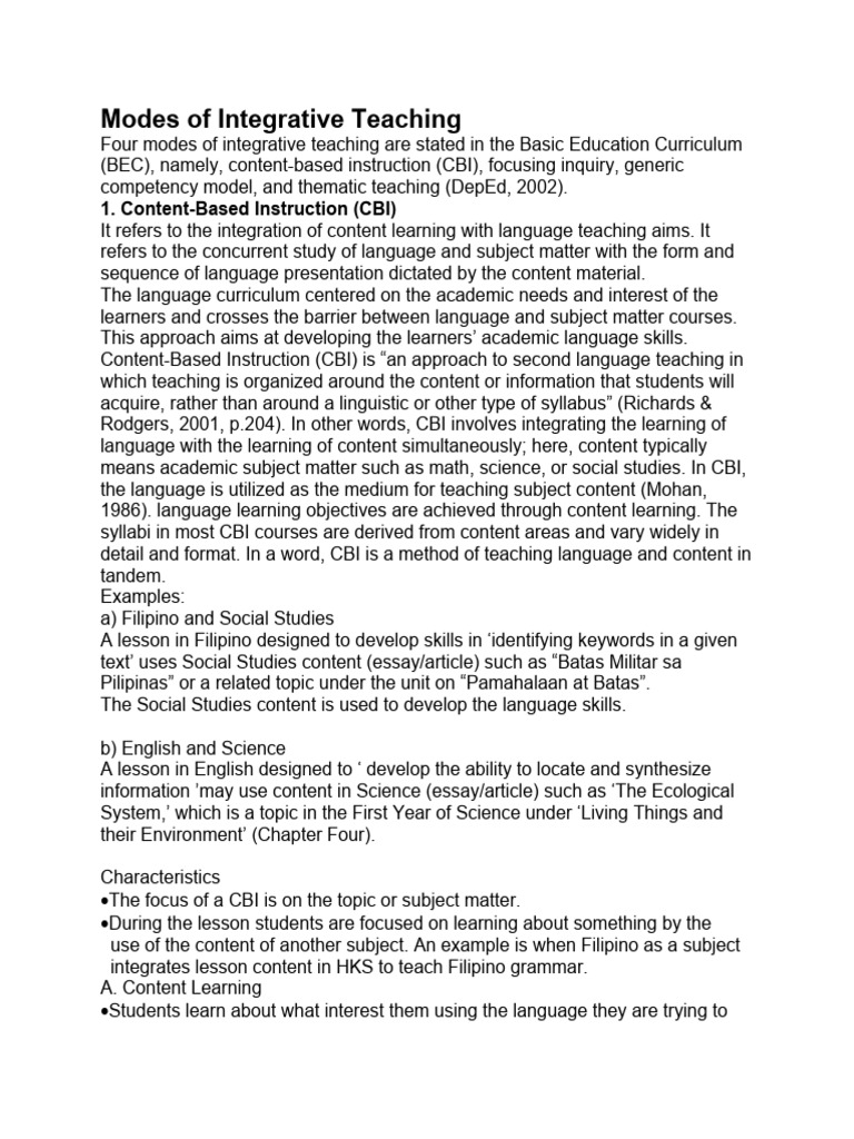 Modes of Integrative Teaching Methods | PDF | Learning | Teachers