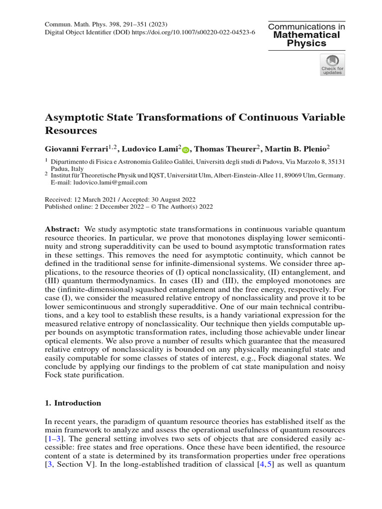 Asymptotic State Transformations of Continuous Variable Resources | PDF ...